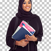 Portrait, muslim and books with a student woman in studio isolated on a ...