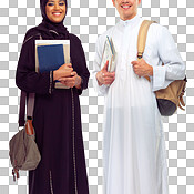 A Portrait, happy and Arabic students with books, learning and friends ...