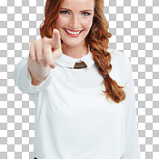 A Business woman pointing finger for UI and natural smile. Ginger ...