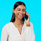 Happy phone call, business woman and studio with a Indian female ...