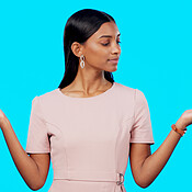 Choice, option or decision and a woman on a blue background in studio ...