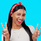 Face, funny and Indian woman with peace sign, confident and happiness ...