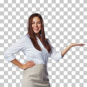 Promotion, isolated on a png background and woman with hand display for ...