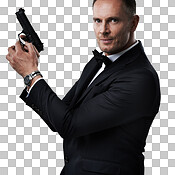 Portrait, gun and man with weapon for power, crime or secret mission ...