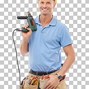 Drill, construction tools and portrait of man with smile in engineering ...