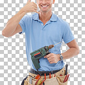 Call gesture, portrait man and construction worker, handyman or ...