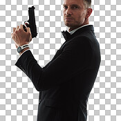 Spy man, portrait and gun with suit for undercover mission, justice or ...