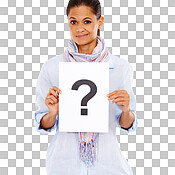 Question mark, marketing and portrait of a woman with a poster for ...