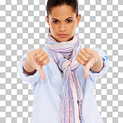 Portrait, thumbs down and emoji with a black woman in studio isolated ...