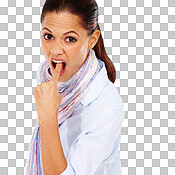 Disgusted portrait and woman sticking finger for nausea, sickness and ...