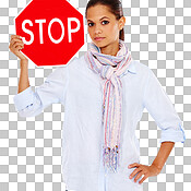 Woman with stop road sign, traffic rules and caution in portrait with ...