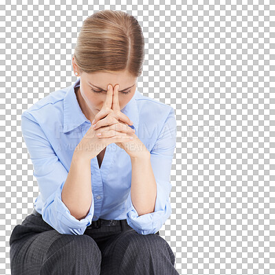 Business woman, hands or stress headache isolated on a png background ...
