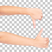 Hands, thumbs up and thumbs down in yes or no gesture for vote, poll or ...