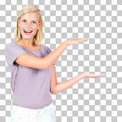 Marketing, product placement and portrait of woman with hands for ...