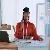 Phone call, fashion designer and black woman doing networking and work ...