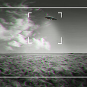 UFO, alien and viewfinder on a camera display to record a flying saucer ...