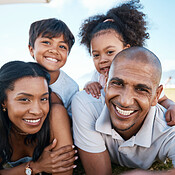 Smile, family selfie and portrait outdoor on vacation, holiday or ...
