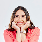Thinking, happy and a woman with fashion design vision, ideas and ...