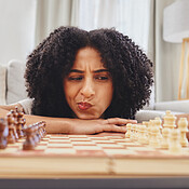 Chess, thinking and portrait of woman with board for strategy, problem ...