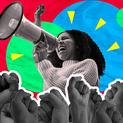 Megaphone, protest and woman voice isolated on studio background for ...