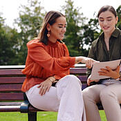 Park, professional women and bench with paperwork and document planning ...