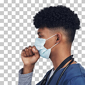 PNG of a male nurse coughing while wearing a face maskisolated on a ...