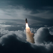 Space ship fire, dark sky and rocket in take off, adventure and ...