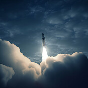 Space ship fire, dark sky and rocket in take off, adventure and ...