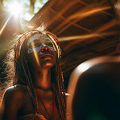 Prayer, tribe and god with woman in village for worship, holy and ...