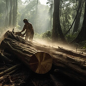 Deforestation, chainsaw and person with forest in nature for climate ...