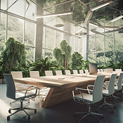 Architecture, sustainability and environment with boardroom in office ...