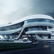 Future, architecture and sci fi with building in city for construction ...