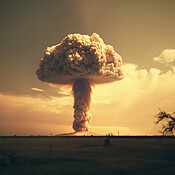 Military, smoke and nuclear explosion of bomb for battle, accident and ...