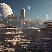 Moon, city and futuristic infrastructure in space for science research ...