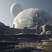 Moon, city and futuristic architecture in space for science research ...