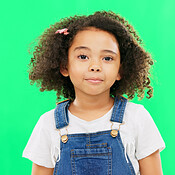 Raise eyebrow, green screen and face of child on in studio for comic ...