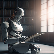 Robot, reading and story telling book in library, house and home for ...