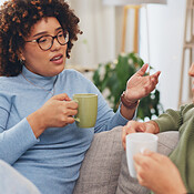 Couple have conversation, communication and relax on living room couch ...