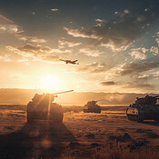 Plane, military and army tank on war field in conflict fight. Ai ...