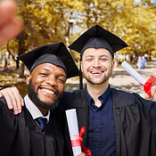 Graduate selfie, portrait and students on college or university campus ...