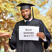 Paper sign, shrug and portrait of a man graduate by his college campus ...