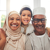 Portrait, Islam and grandparents with child for Eid with happy family ...