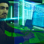 Computer hacker, programming and man with hologram for phishing, scam ...