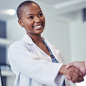 Black woman, scientist and handshake, smile for partnership and science ...