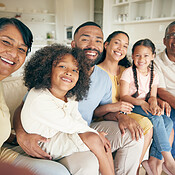 Smile, portrait of big family and selfie in home, bonding together and ...