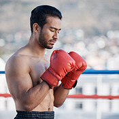 Fitness, boxer praying or man fighting in a ring on rooftop in city for ...