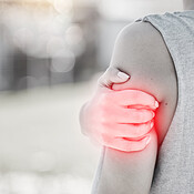 Arm pain, person and closeup, fitness injury and overlay with mockup ...