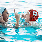 Sports, winner and water polo with men in swimming pool for celebration ...