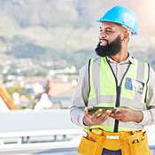 Happy black man, architect and thinking with tablet in city for ...