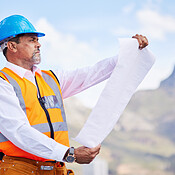 Engineering man, floor plan and outdoor construction, planning and ...